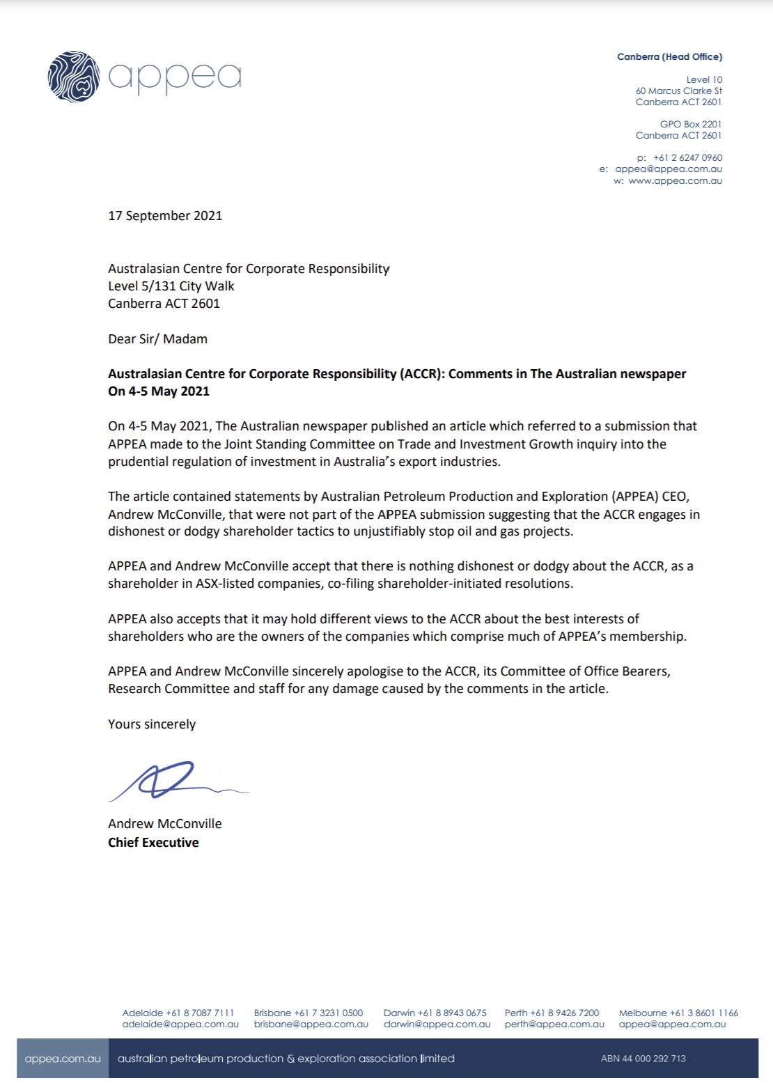 APPEA apology to ACCR